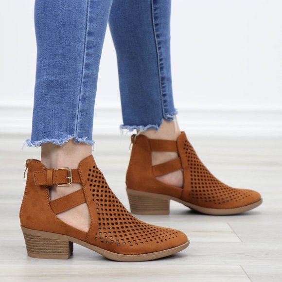 Shoes | Brown Perforated Cut Open Ankle Boots | Poshmark